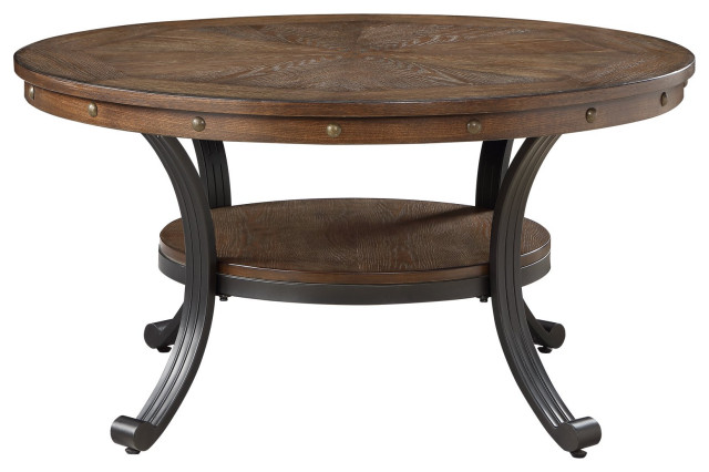 Industrial Round Coffee Table with Curved Legs and Nailhead Trim ...