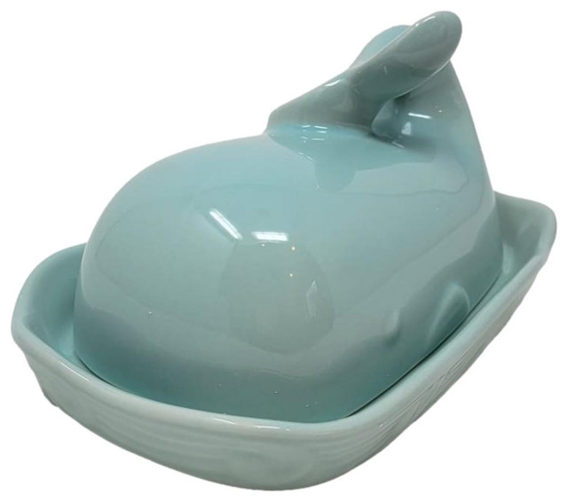 Coastal Whale Butter Serving Dish w Lid Whimisical Tabletop Server Blue ...