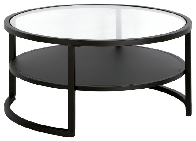 34" Black and Glass Round Coffee Table With Shelf - Coffee Tables - by ...