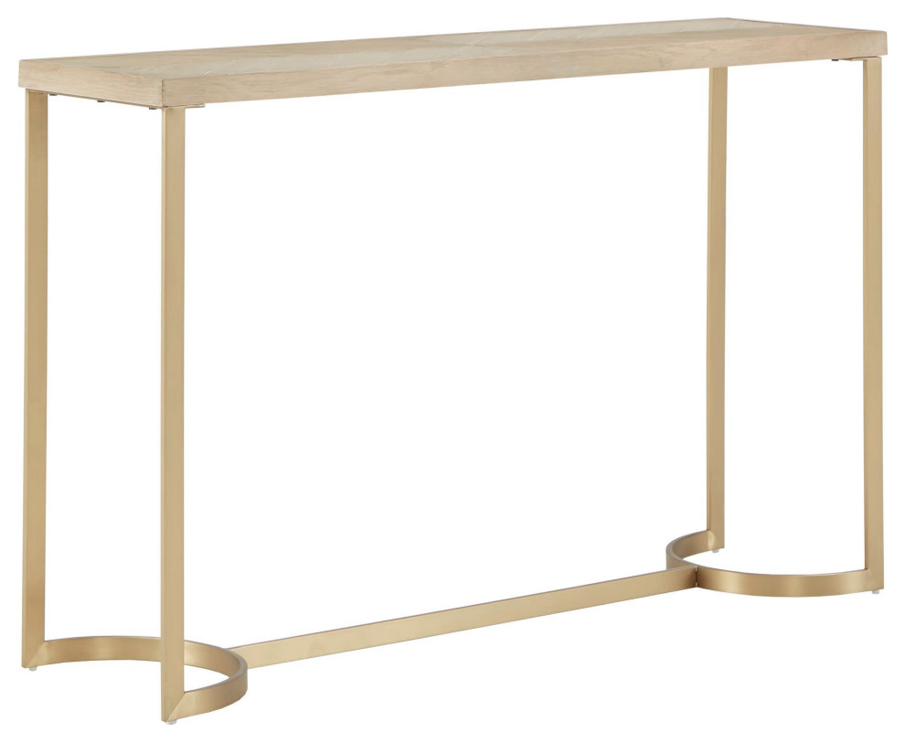 Glam Console Table, Trestle Like Shiny Gold Metal Base With Natural ...