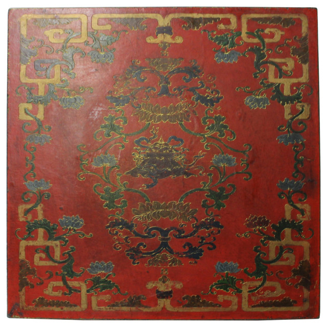 Chinese Distressed Red Lacquer Treasure Symbol Graphic Square Box ...