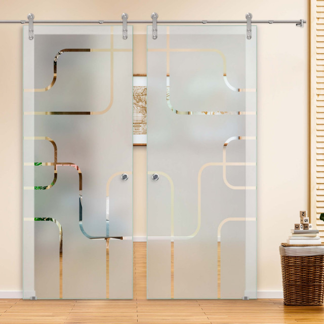 Double Sliding Glass Barn Doors With Frosted Design V1000, 30"x81 ...