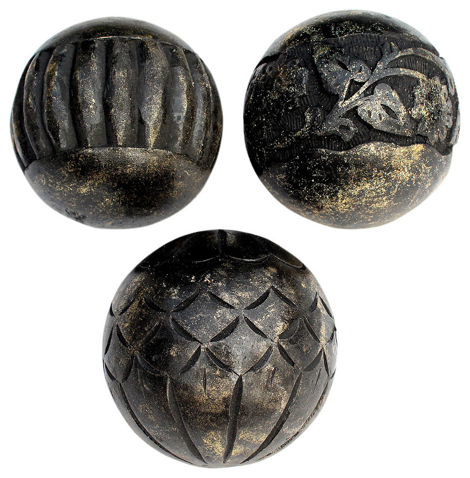 D5" Carved Mango Wood Spheres Balls Set of 3 - Contemporary ...
