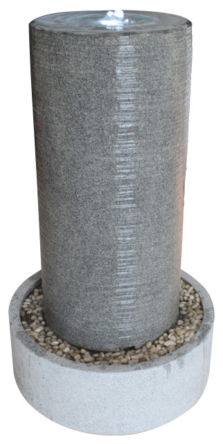 Ribbed Cylindrical Water Fountain with Round Pebble Base, Gray ...