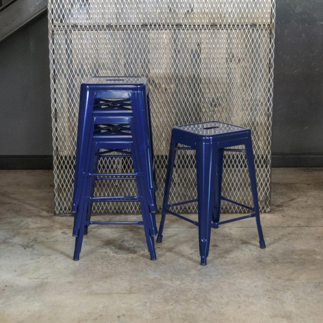 AmeriHome Loft Blue 24 Inch Metal Bar Stool - 4 Piece - Contemporary ...