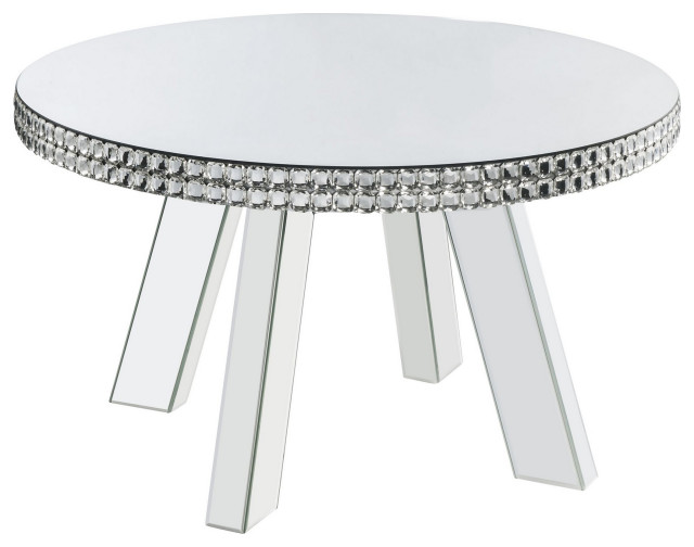 Round Mirror Panel Inlay Coffee Table with Faux Crystals Accents ...