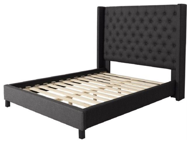 CorLiving Fairfield Fabric Tufted Wingback Queen Bed with Slats in Dark ...