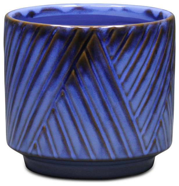 Blue Ceramic Pot with Crossed Diagonal Pattern - Contemporary - Indoor ...