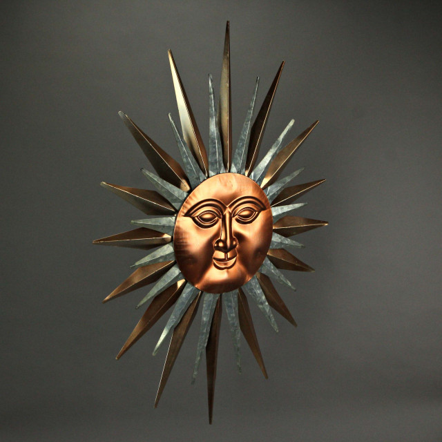 32 Inch Copper Galvanized Metal Sun Face Wall Sculpture Home Decor ...