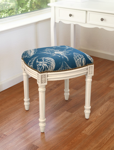 Navy Blue Seashells Linen Upholstered Vanity Stool With Nailheads ...