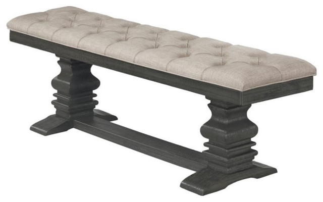 Beige Linen Fabric Dining Bench in Dark Gray Wood and Tufted Seats ...