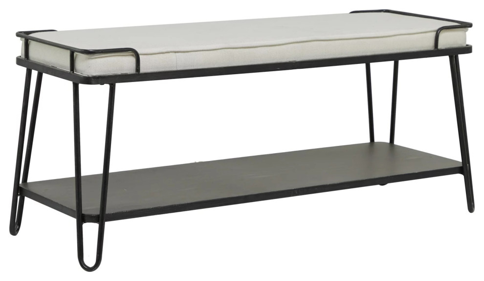 Industrial Black Metal Bench with White Upholstered Seat and Open Shelf ...