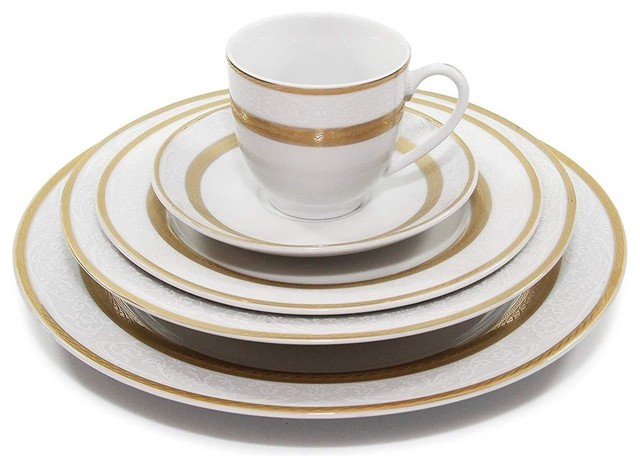 Royalty Porcelain "Queen" 5pc White and Gold Dinnerware Set, 24K Gold ...