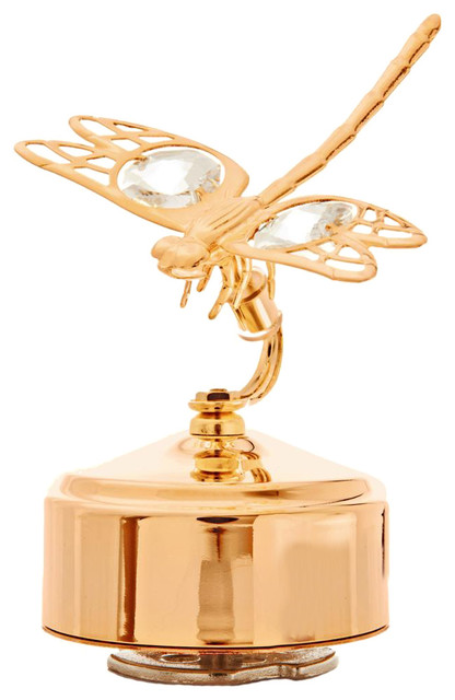 24K Gold Plated Music Box With Crystal Studded Dragonfly Figurine ...