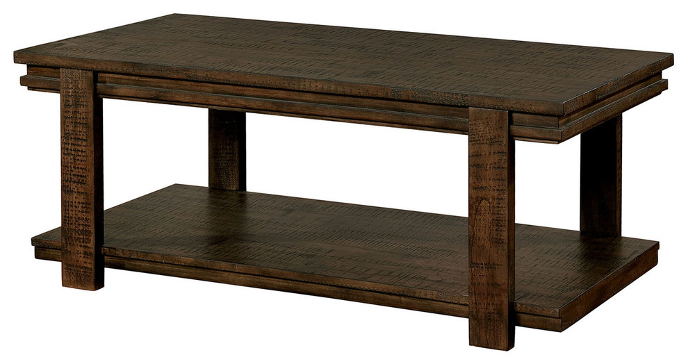 Rough-Sawn Wooden Coffee Table with One Shelf, Dark Walnut Brown ...