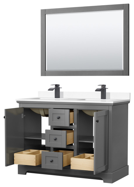 Avery 48" Double Vanity, Dark Gray, White Marble Top, Black Trim, 46" Mirror - Transitional ...