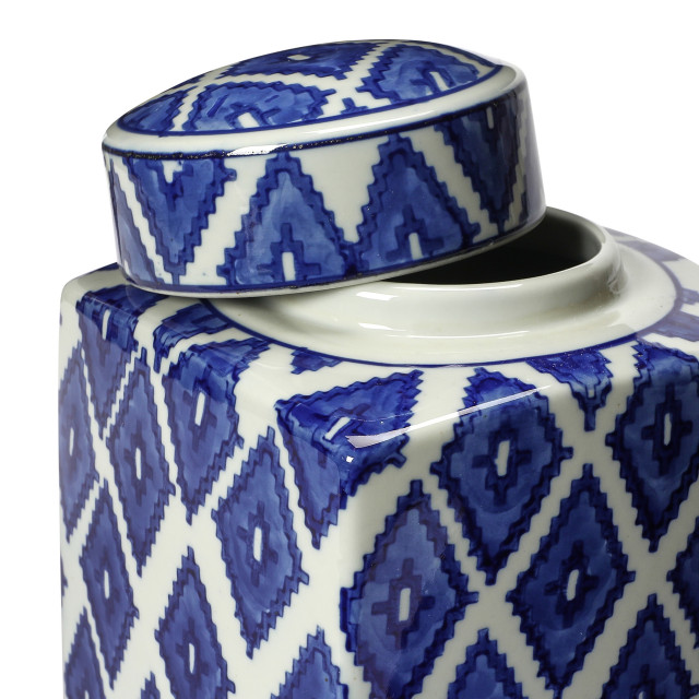 Decorative Diamond Square Ceramic Ginger Jar With Lid, Blue and White ...