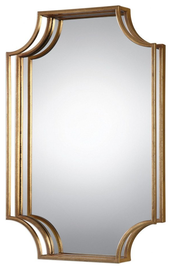 Modern 3-Dimensional Mirror in Antiqued Gold Leaf Curved Open-Framed ...