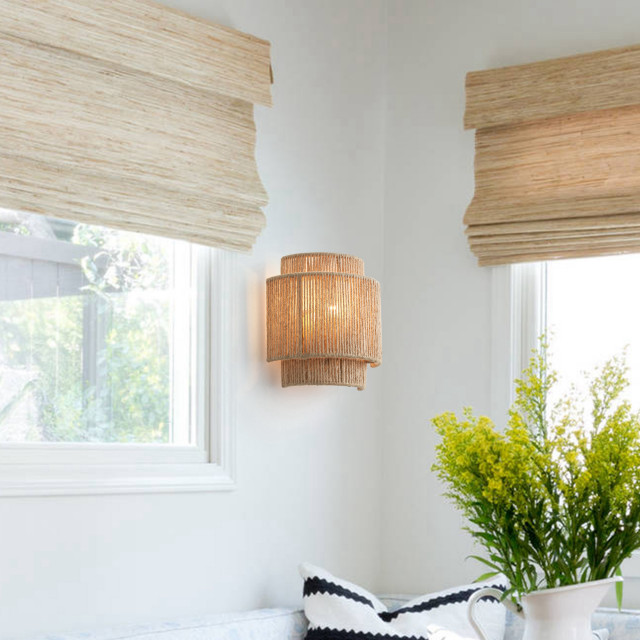 1-Light Farmhouse Wall Sconce With Hemp Rope Lamp Shade - Beach Style ...