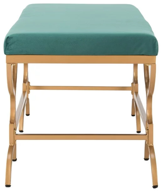 Glam Emerald Velvet Bench with Gold Geometric Base and Cushioned Seat ...