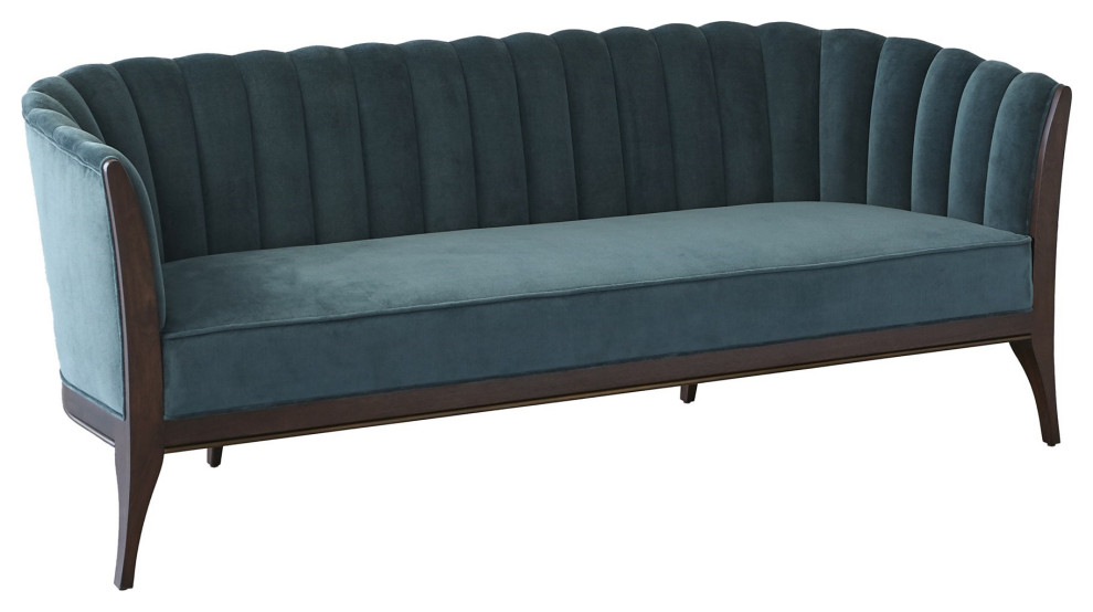 Dragonfly Aqua Blue Velvet Channel Back Sofa Vintage Style Retro Curved ...