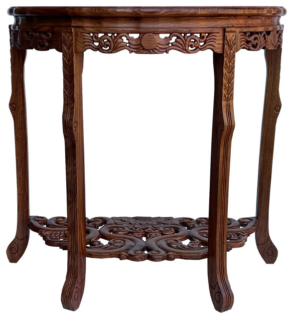 Chinese Brown Flower Carving Wood 2 Half Side Round Pedestal Table ...