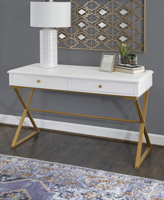 Contemporary Desk with X-Shaped Legs and 2 Storage Drawers, White/Brass ...