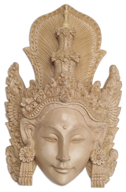 Sri Goddess Wood Mask - Mediterranean - Wall Accents - by NOVICA | Houzz
