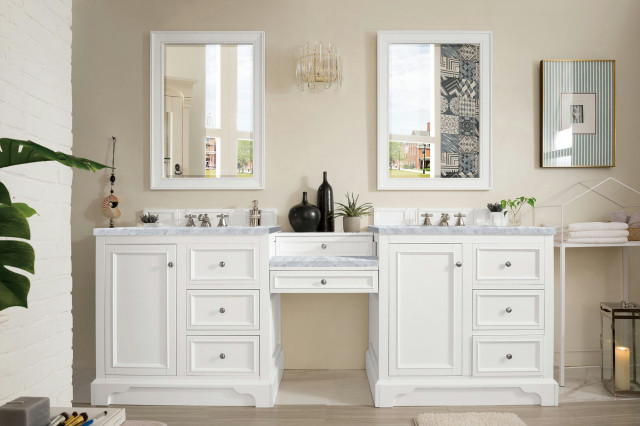 De Soto 94" Double Vanity Set White w/Makeup Table 3 CM Carrara Marble ...
