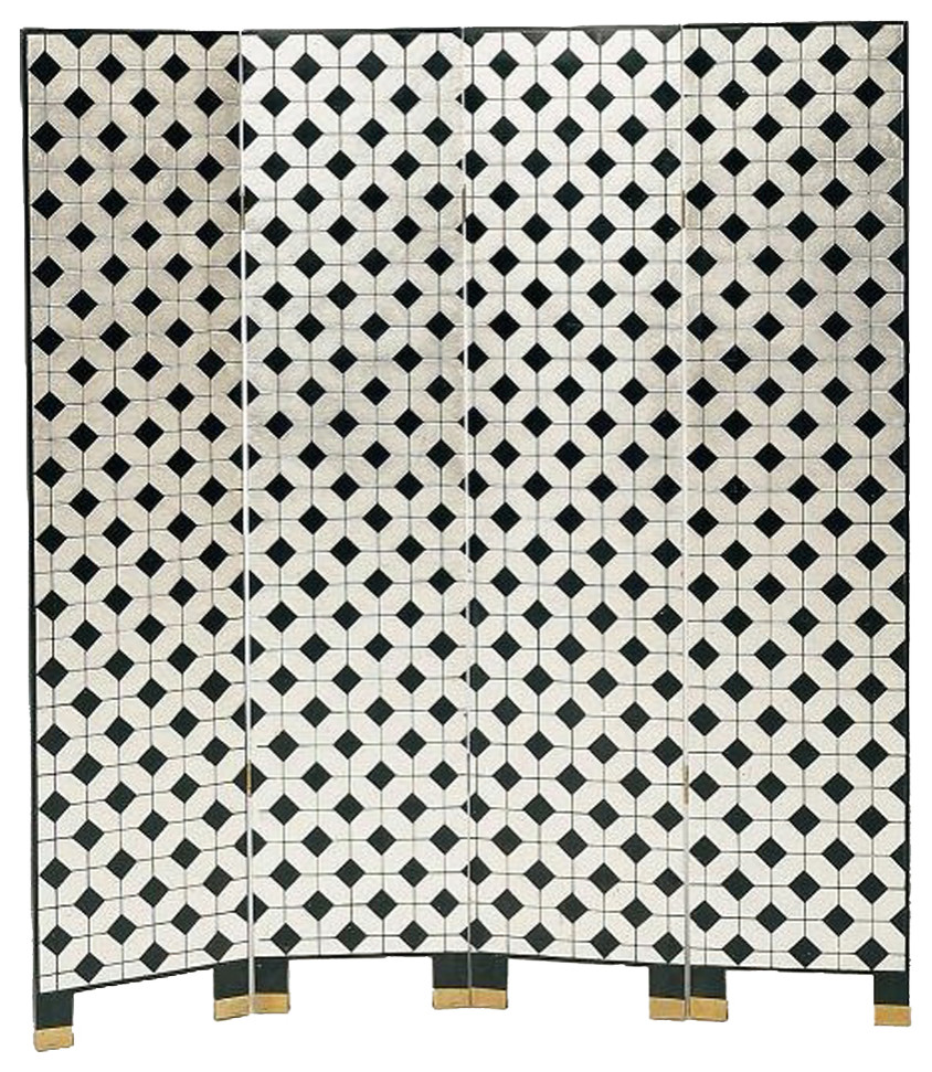 4 Panel Wooden Screen with Diamond Motif Print, Black and Silver ...