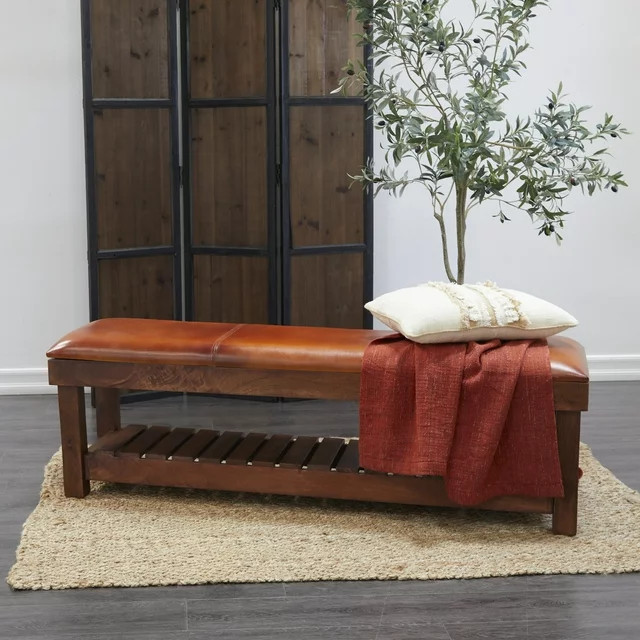 Rustic Brown Leather Bench with Lower Slatted Shelf for Stylish Storage ...