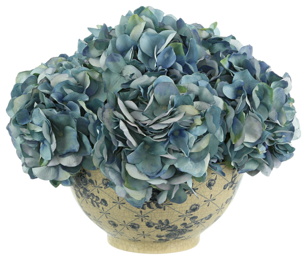 Hydrangea Floral Arrangement in a Decorative Ceramic Bowl - Artificial ...