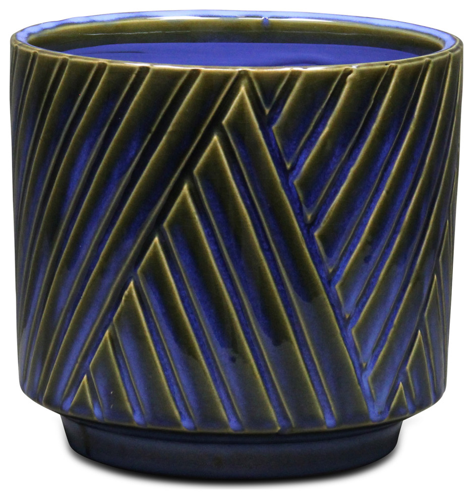Blue Ceramic Pot with Crossed Diagonal Pattern - Contemporary - Indoor ...