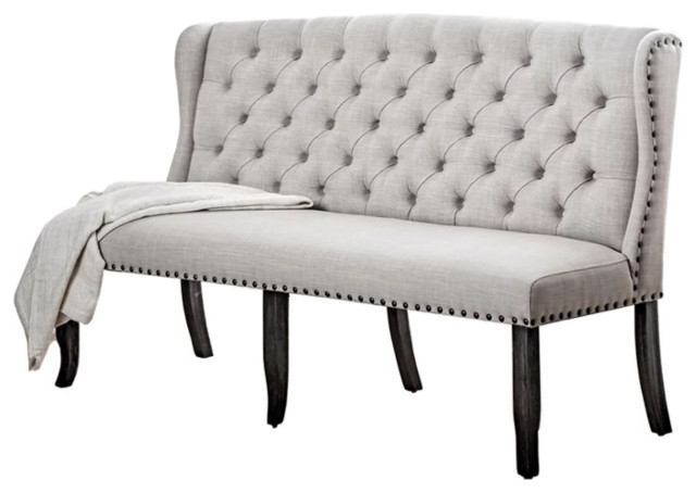 Ivory Accent Bench, Diamond Tufted Back and Nailhead Trim, Antique ...