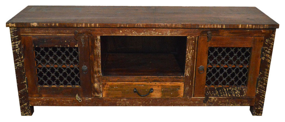 Reclaimed Wood Rustic Entertainment Center With Iron Grill - Rustic ...