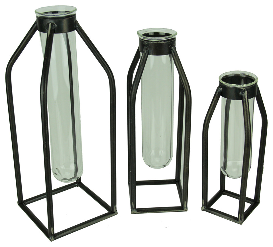 Modern Art Glass Tube Bud Vase with Metal Cage Frame Set of 3, Small ...