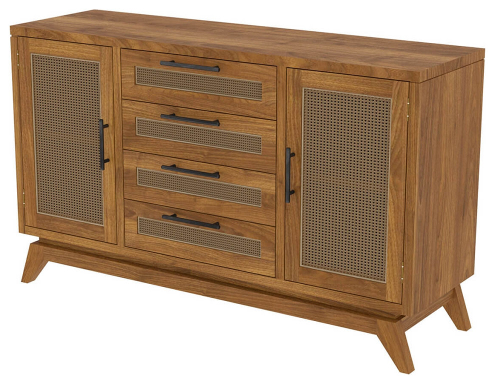 Bonavista Teak Wood 4 Drawer Rattan Large Buffet Cabinet - Rustic ...