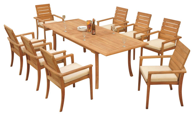 9-Piece Outdoor Teak Dining Set: 94" Rectangle Table, 8 Alps Stacking ...
