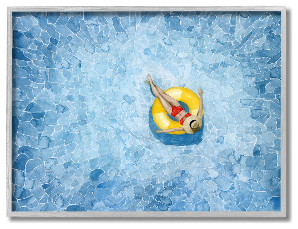 Pool Floats Blue Yellow Watercolor Painting, 11"x14" - Contemporary ...