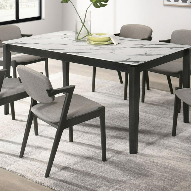 Contemporary Dining Table, Hardwood Legs With Elevated Faux Marble Top ...