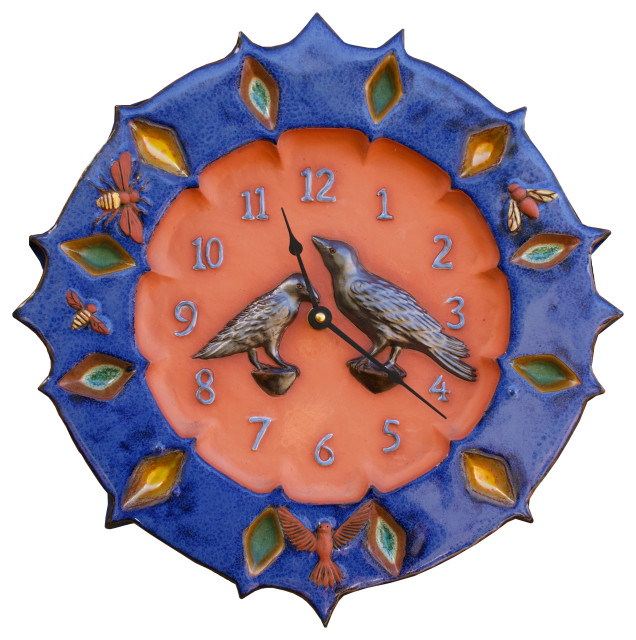 Ravens Ceramic Wall Sculpture Clock, Sapphire Blue on Terra Cotta ...
