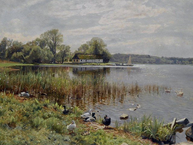 Tile Mural, Ducks By A Pond By Peder Monsted Trees Birds Water Lake ...