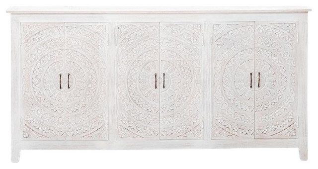 94" Jumbo Extra Large White Wash Bohemian Hand Carved Mandala Sideboard ...