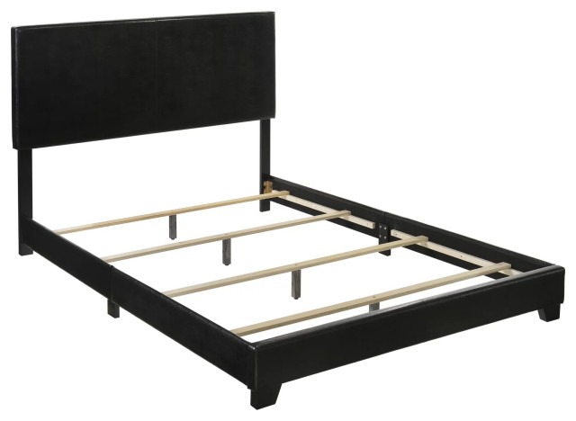 Transitional Bed Frame, Neutral Black Faux Leather Upholstery, Full ...