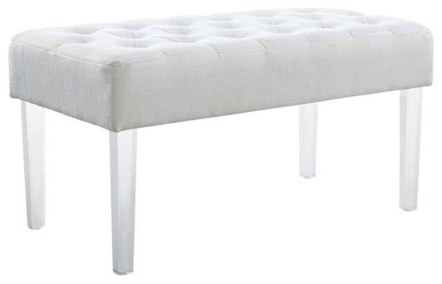 Linon Ella Clear Acrylic Leg Upholstered Tufted Bench in White/Silver ...