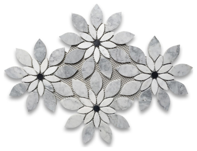 Carrara Marble Wild flower Rain Flower Waterjet Tile Gray Black Polish ...