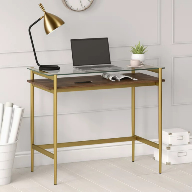 Elegant Desk, Golden Metal Frame With Middle Wooden Shelf & Tempered ...