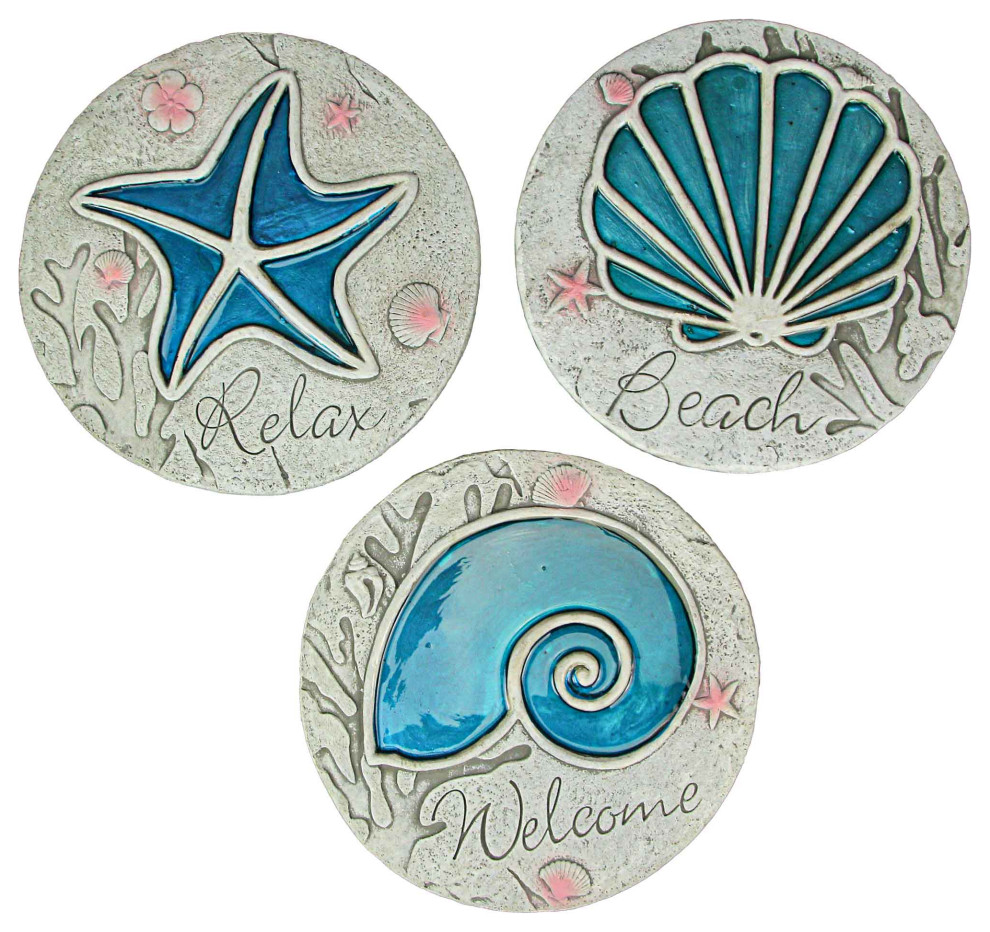 3 Piece Blue Seashell Beach Design Cement Wall Hanging Set - Beach ...