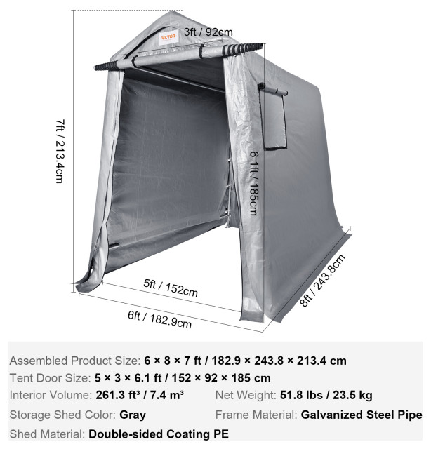 VEVOR Portable Storage Shelter Garage Storage Shed 6x8x 7' & Zipper ...