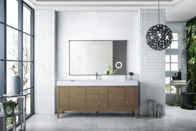 Linear 72" Single Vanity Whitewashed Walnut, Glossy White Composite Top ...